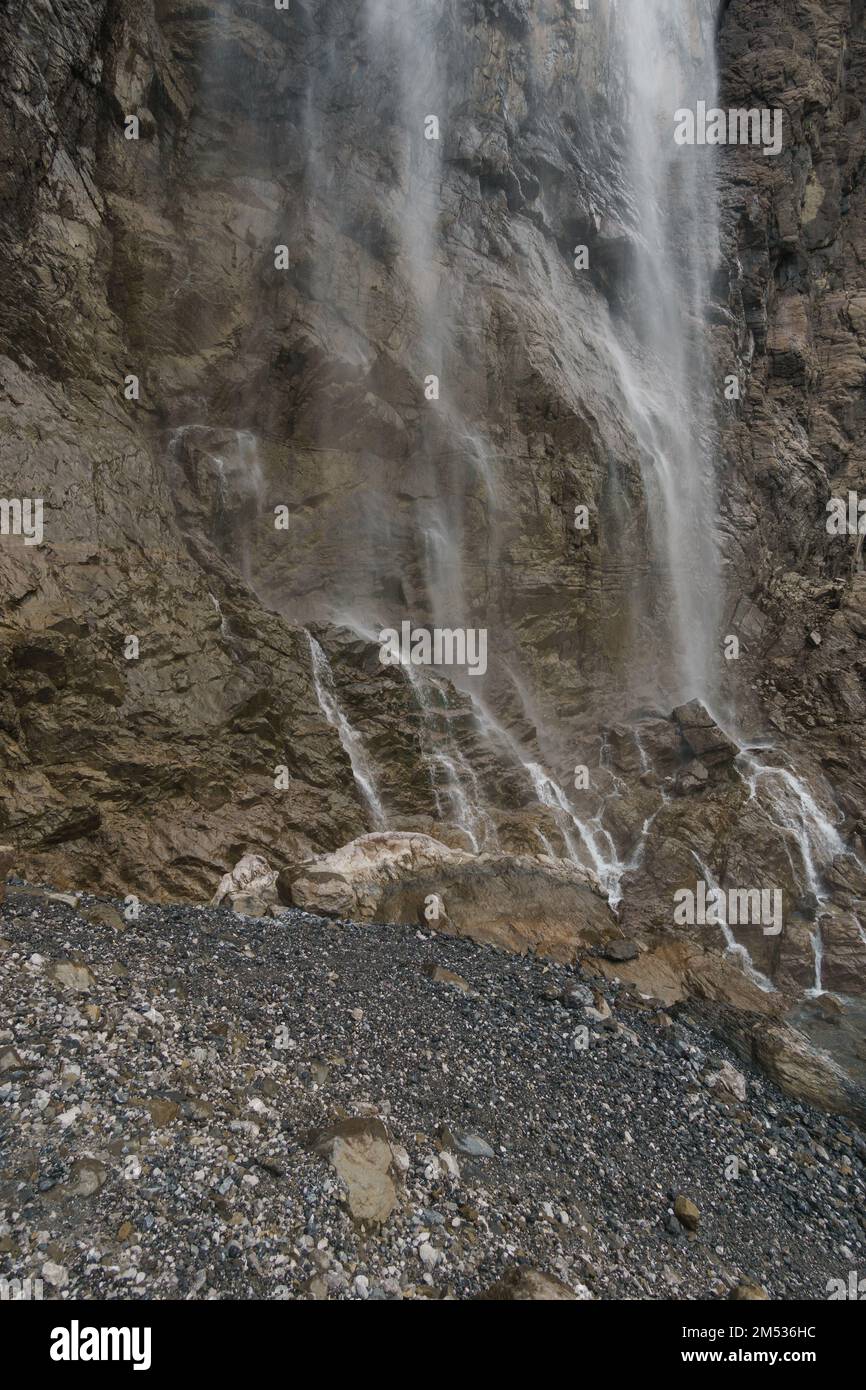 Detail of big waterfall of Gavarnie at massive high rock wall formation ...