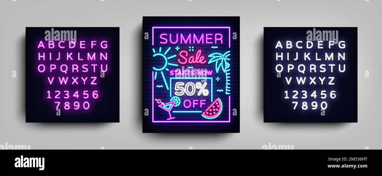 Summer sale poster in neon style. Design Template, Summer Sale Neon ...