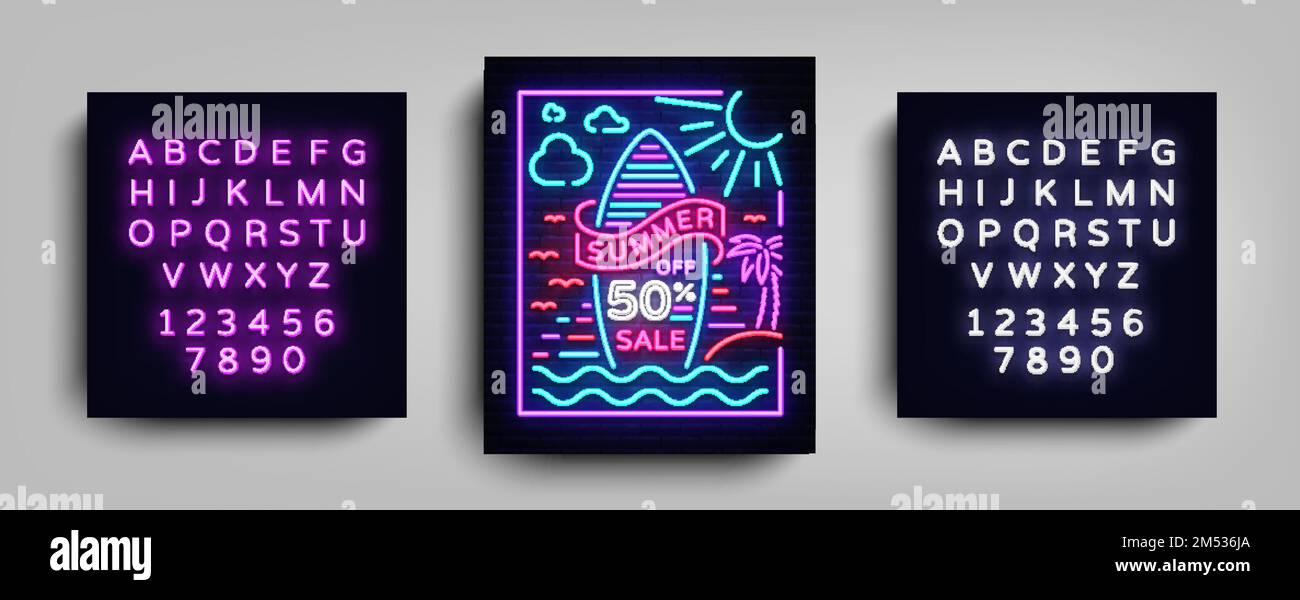 Summer sale poster in neon style. Design Template, Summer Sale Neon ...