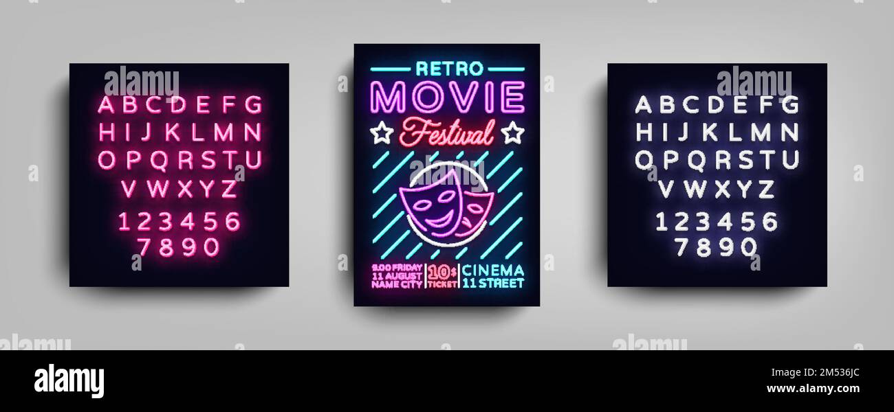 Retro Movie Festival postcard typography design neon template. Brochure ...