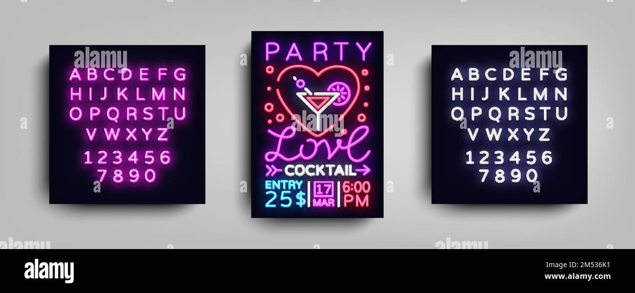 Cocktail party poster vector template. Love Cocktail party, Poster neon ...