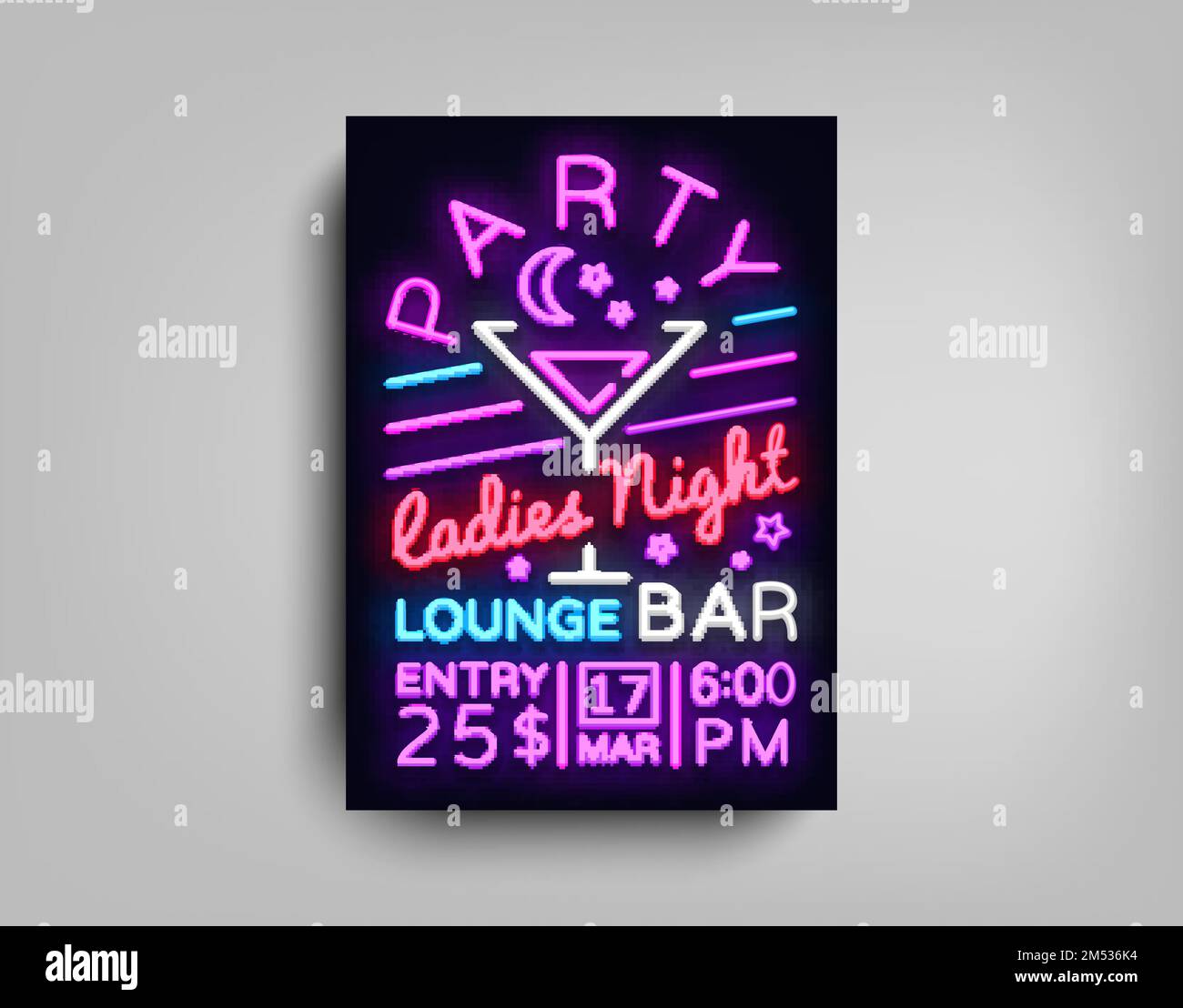 Cocktail Party poster neon. Flyer template design in neon style. Ladies ...