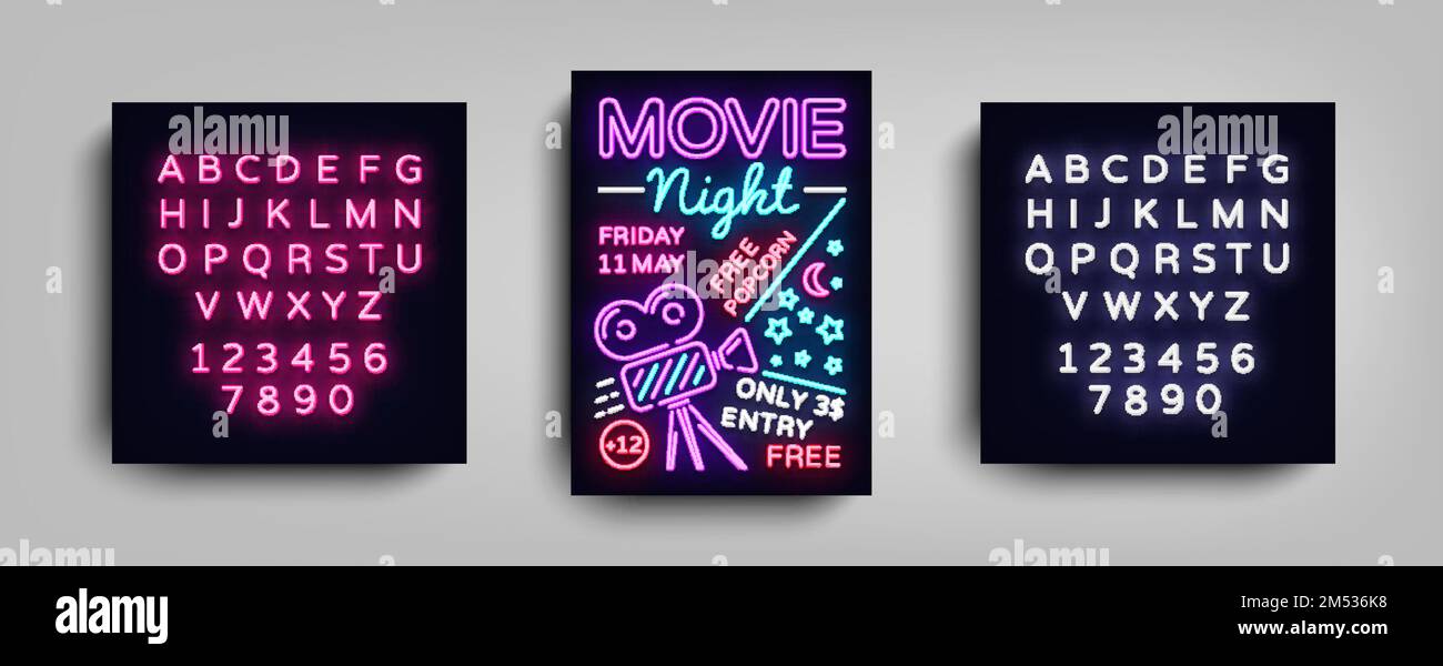 Movie Night poster design template in neon style. Neon Sign, Light ...