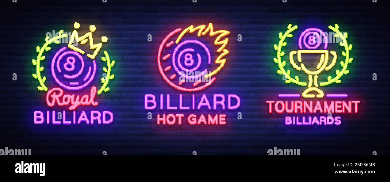 Billiards collection of logos neon style. Neon signs set design ...