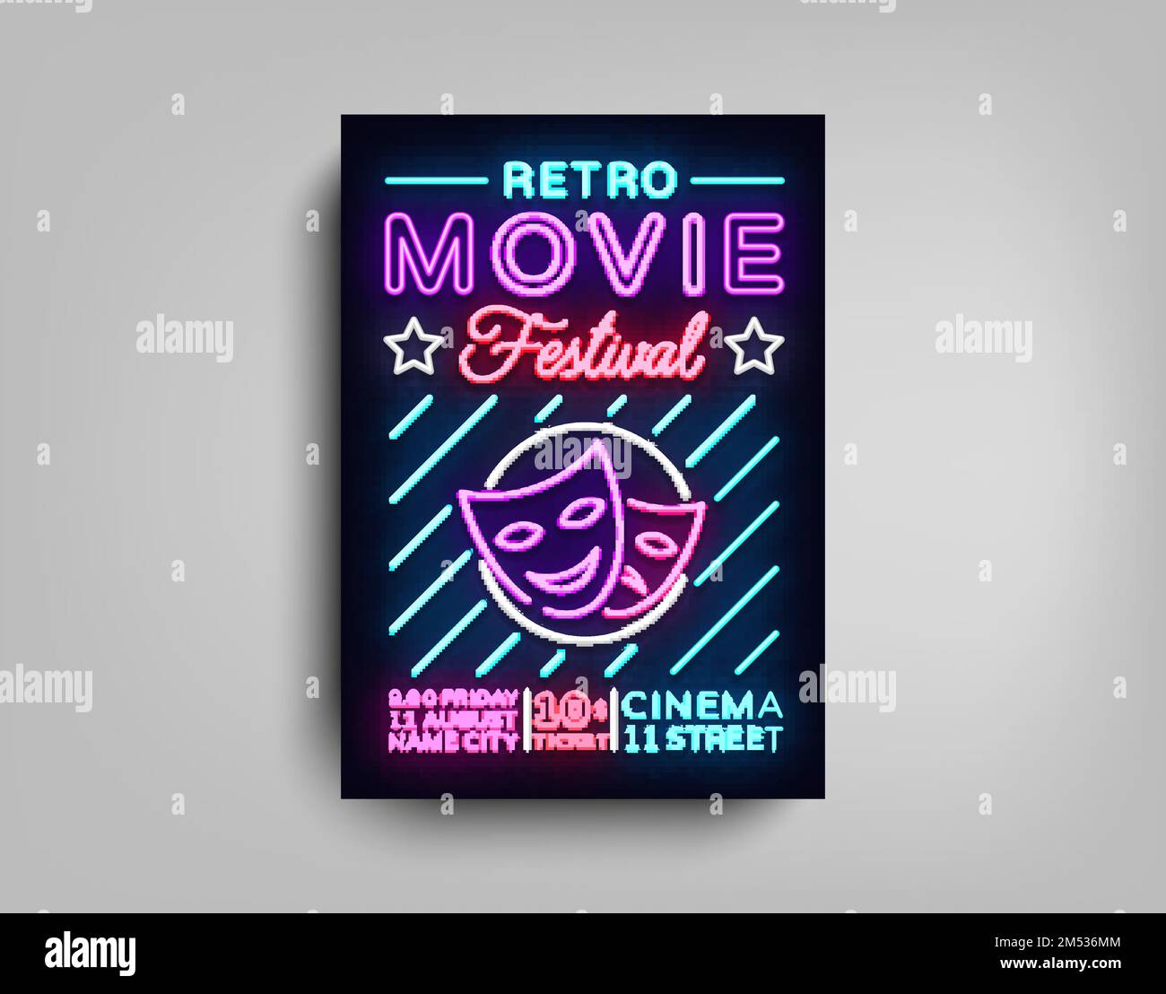 Retro Movie Festival postcard typography design neon template. Brochure ...