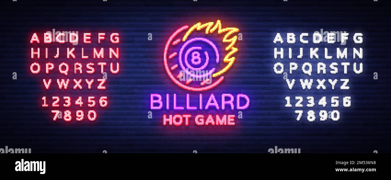 Billiards neon sign. Billiard Hot game logo in neon style, light banner ...