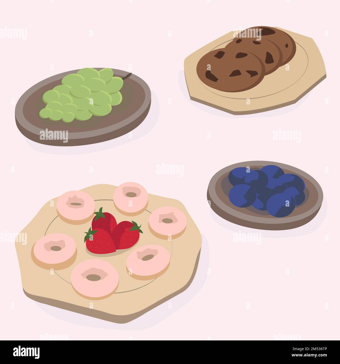 set of plates cookies, strawberries, plums, grapes, donuts Stock Vector ...