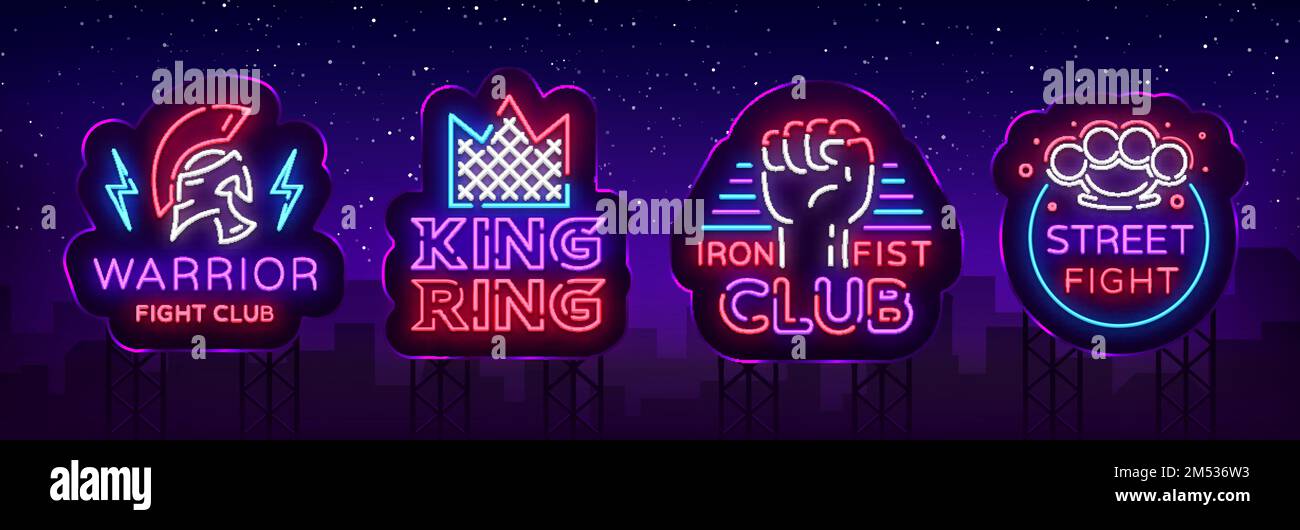 Fight Club collection neon signs. Set logo in neon style. Design ...