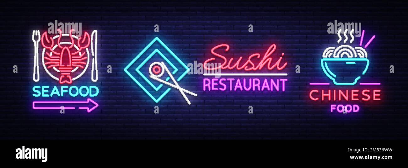 Collection neon signs Food. Set Logos in neon style Sushi, Seafood ...