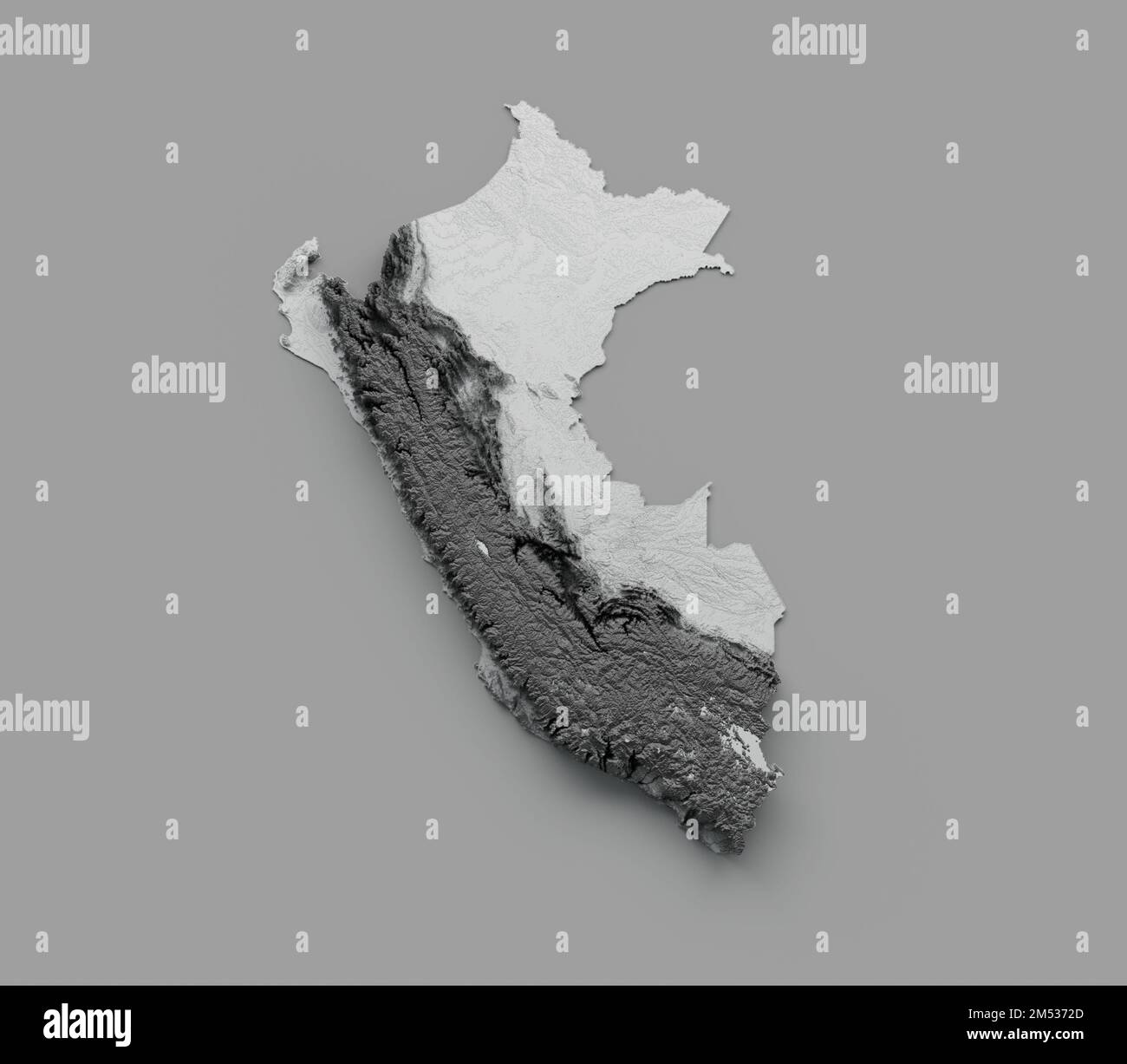 A 3D illustration of a topographic Peru map with a shaded relief on a ...