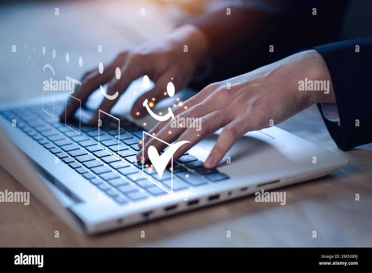 Reviews smile rating with businessman hand typing notebook (Laptop ...