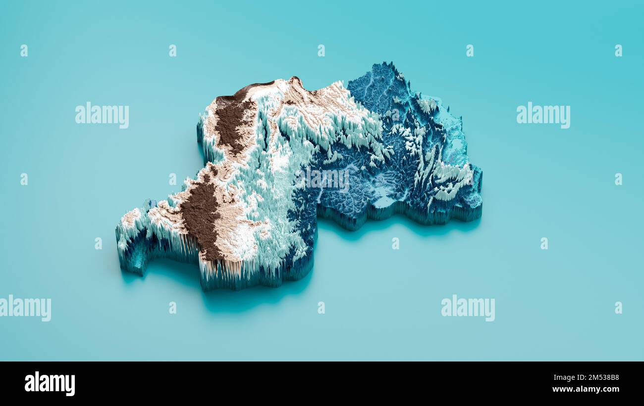 A 3d illustration of the topographic map of Rwanda on a blue background Stock Photo - Alamy