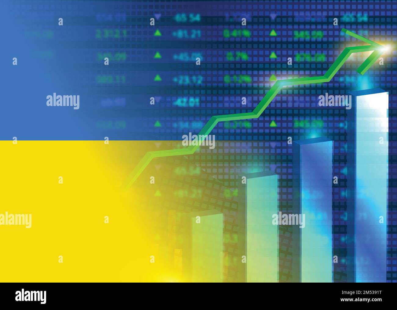 Economic growth in Ukraine.Ukraine's stock market.Ukraine flag with ...