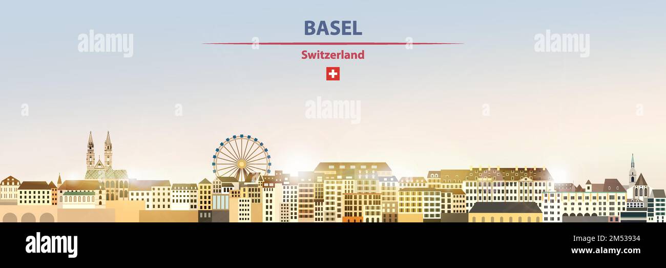 Basel cityscape on sunrise sky background with bright sun shine. Vector ...
