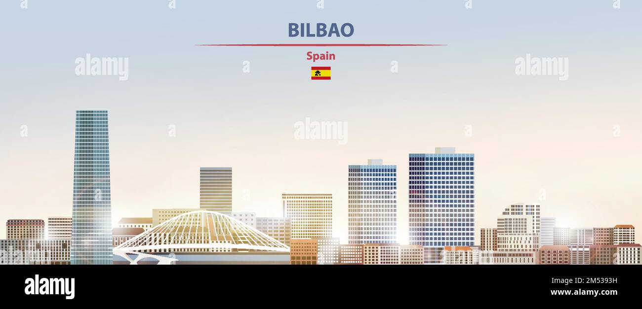 Bilbao cityscape on sunrise sky background with bright sun shine ...
