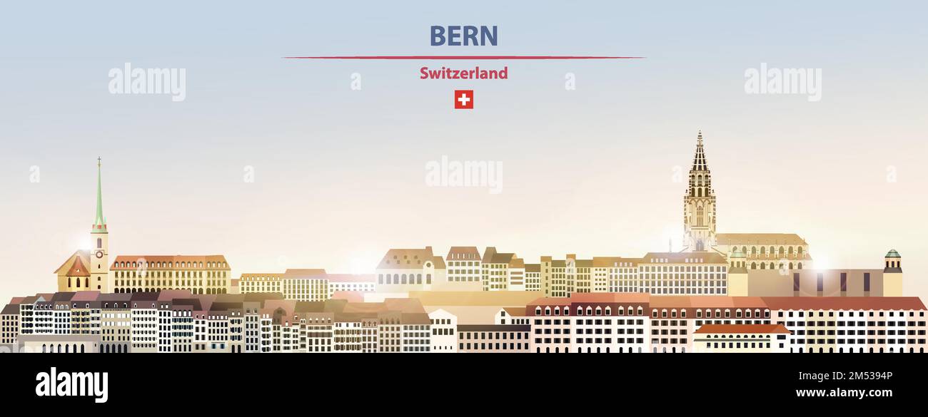 Bern cityscape on sunrise sky background with bright sun shine. Vector ...