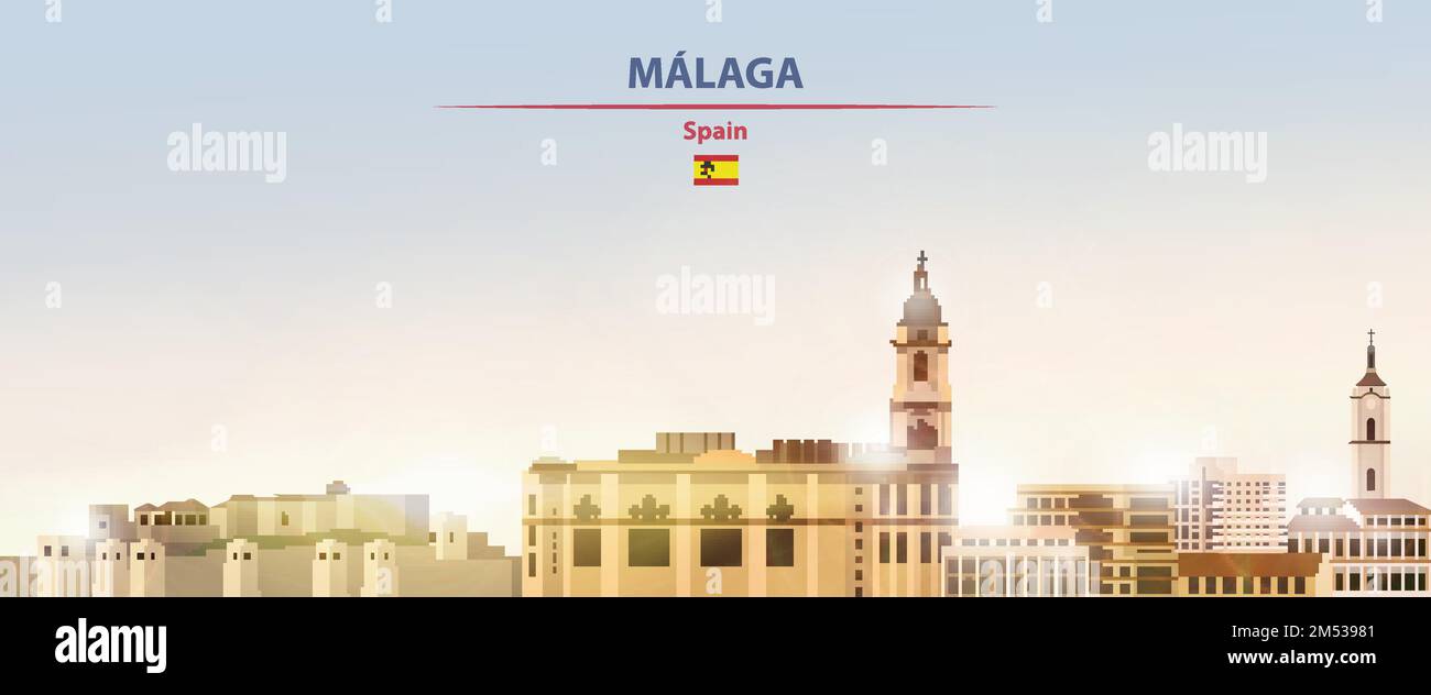 Malaga cityscape on sunrise sky background with bright sun shine ...