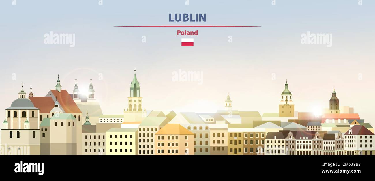 Lublin cityscape on sunrise sky background with bright sun shine ...