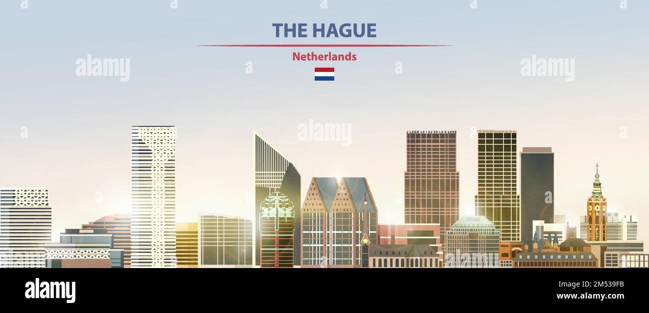 The Hague cityscape on sunrise sky background with bright sun shine ...