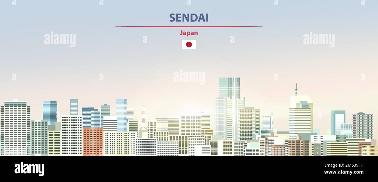 Sendai cityscape on sunrise sky background with bright sun shine ...