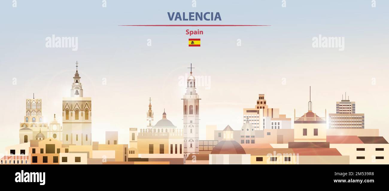 Valencia cityscape on sunrise sky background with bright sun shine ...