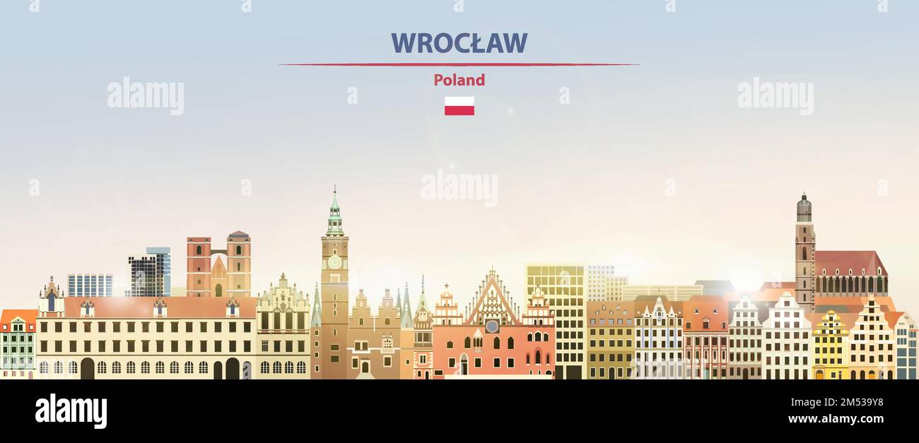 Wroclaw cityscape on sunrise sky background with bright sun shine ...