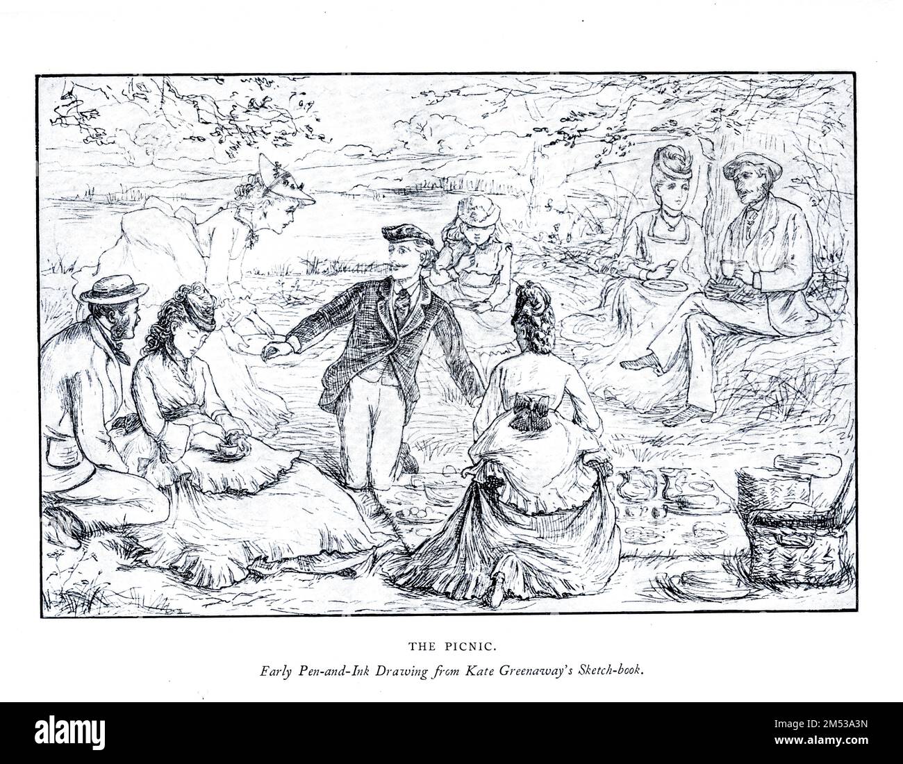 The Picnic early pen and ink drawing by Kate Greenaway from the book ' Kate Greenaway ' by ...
