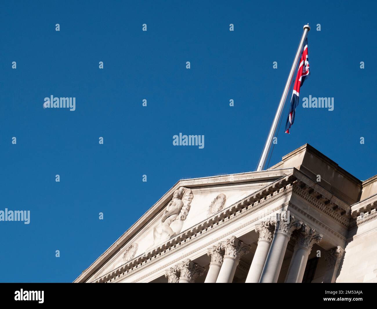 Bank of England Threadneedle Street with union flag, union jack and ...