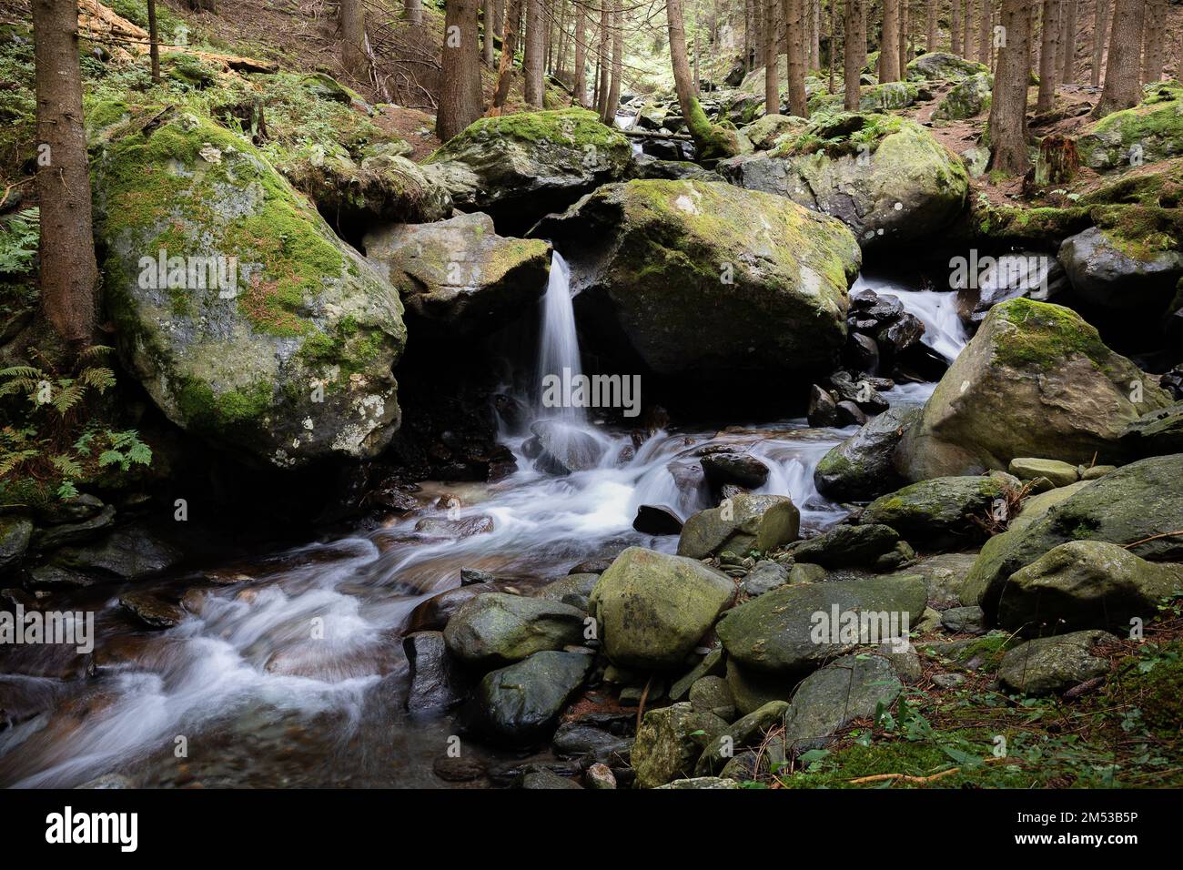 A closeup of the waterfall stream on big and small stones covered in ...
