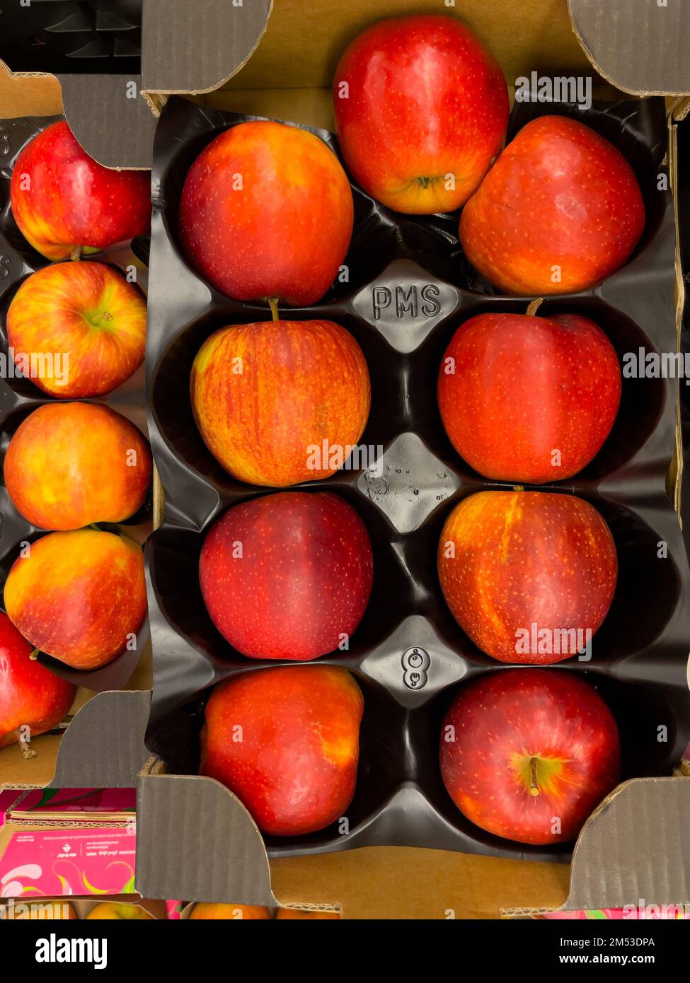 Ripe juicy red apples in a cardboard box Stock Photo - Alamy