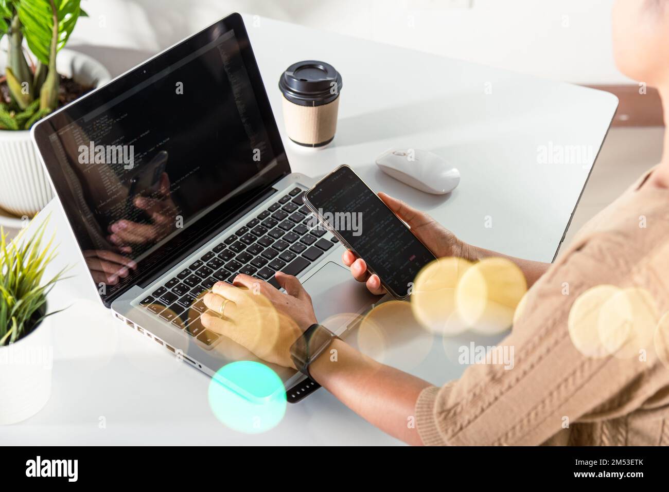 Software Developer Hands Typing Data Coding Programming Javascript With Laptop Computer Stock