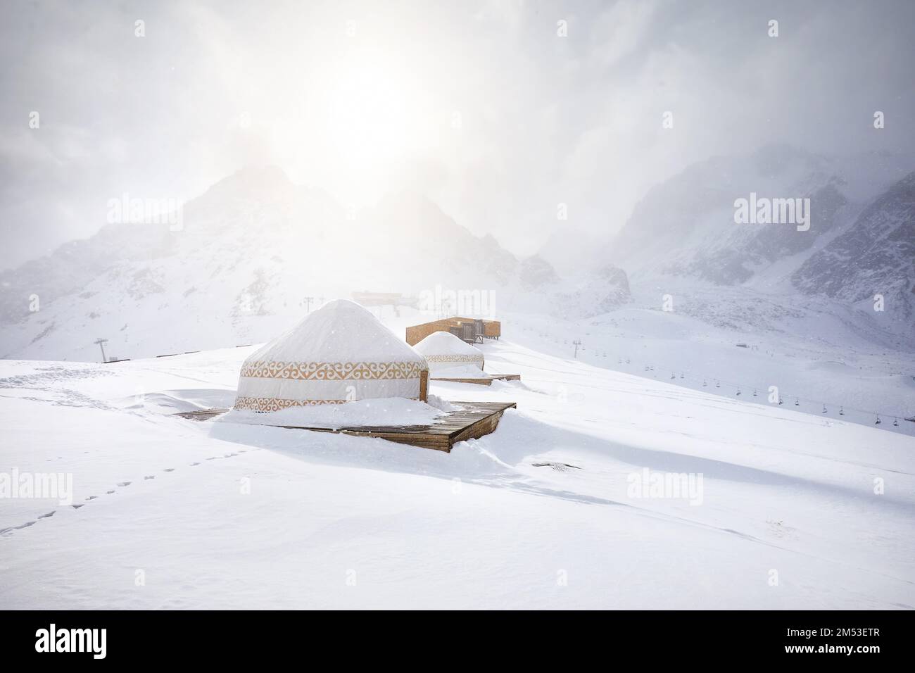 Hotel and Restaurant from Yurt nomadic house complex at Ski resort ...