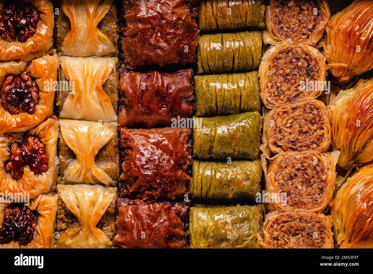 Traditional turkish, arabic sweets baklava assortment, top view Stock ...