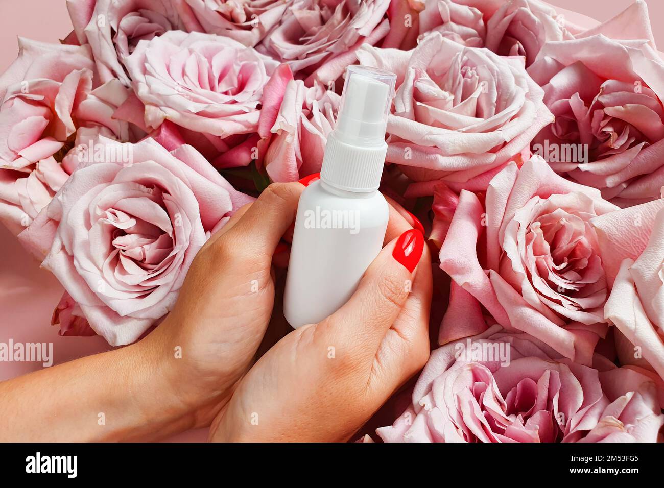 White cosmetic small spray bottle in female woman arms hands on pink ...