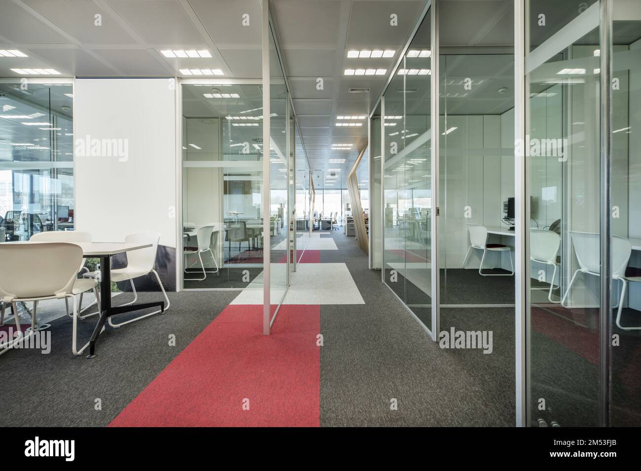Work offices with glass partitions to separate spaces with carpeted ...