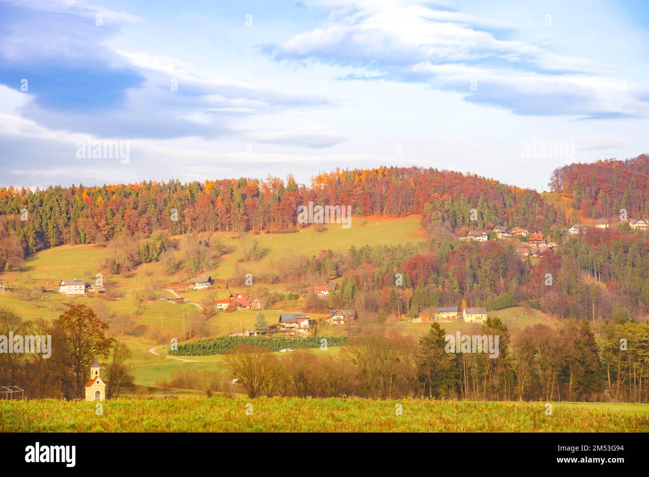 Agricultural fields and yellow little chapel in the charming town of ...