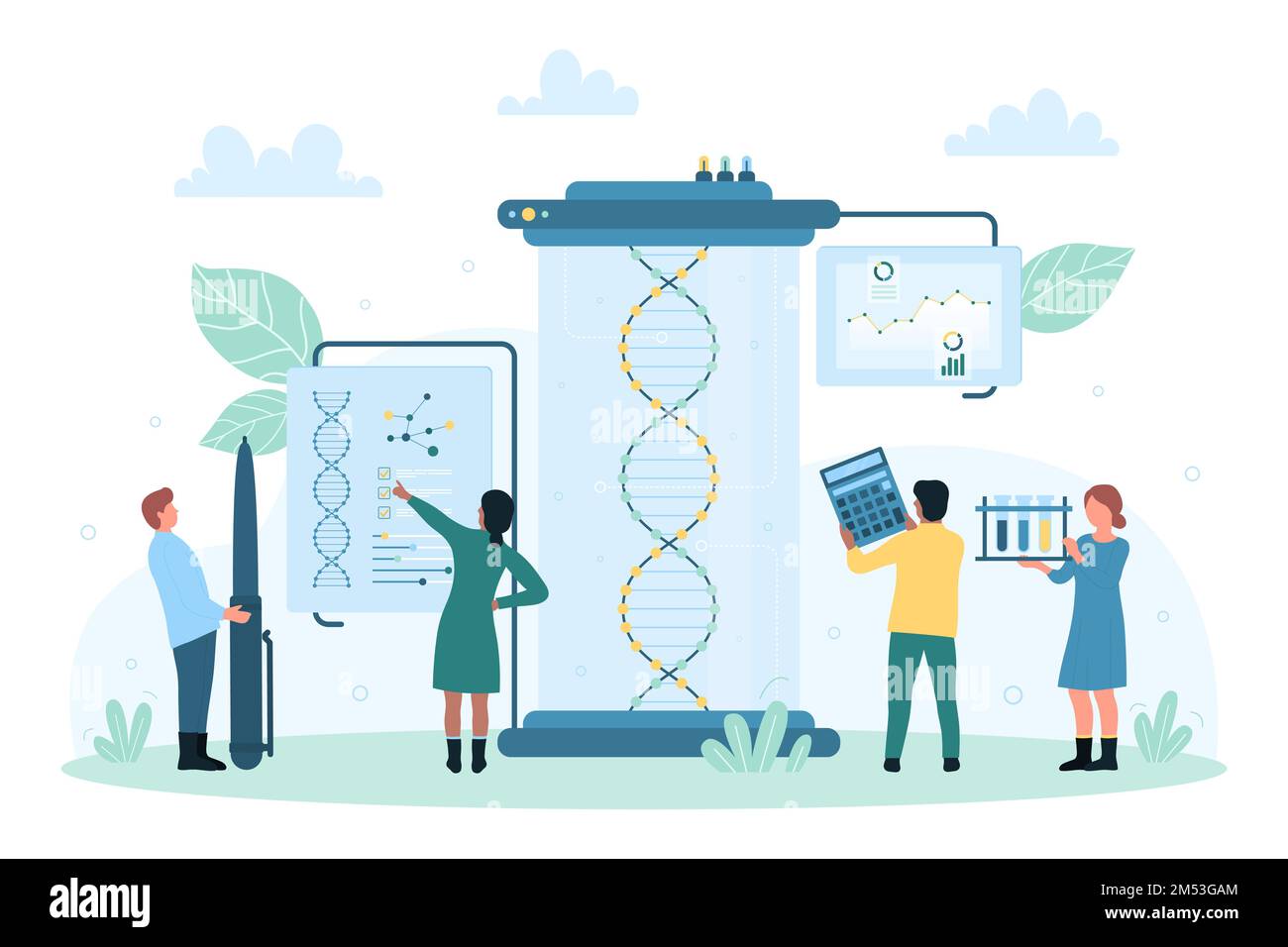 Genetic research in laboratory vector illustration. Cartoon tiny ...