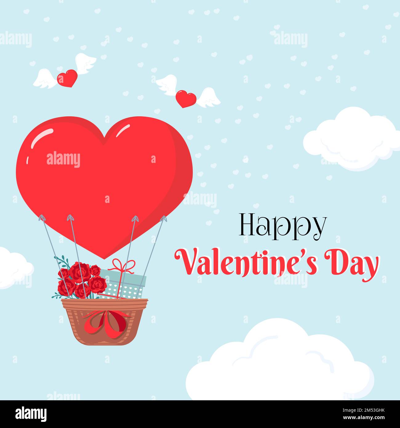 Heart shape a hot air balloon, a gift box, and a roses bouquet. Happy ...