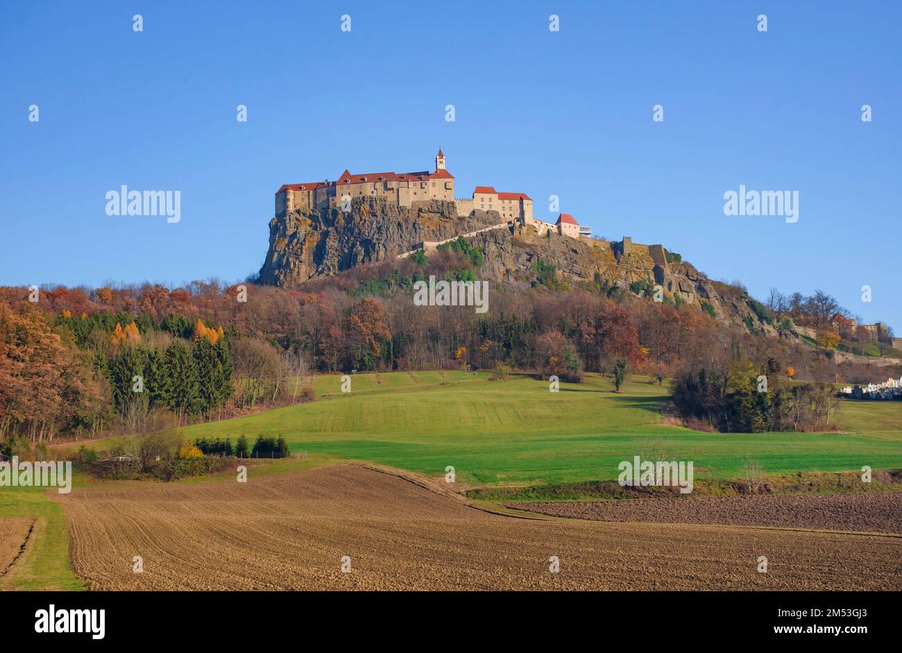 The medieval Riegersburg Castle on top of a dormant volcano, surrounded ...