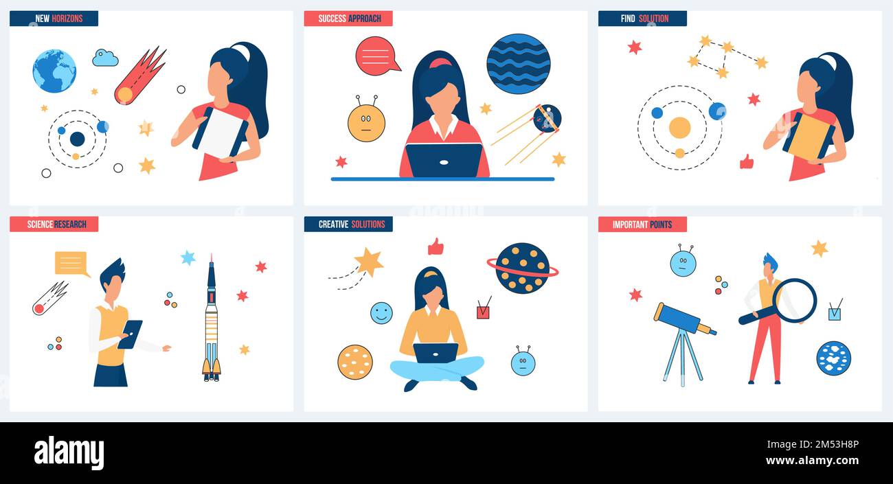 Creative solutions and research in science set vector illustration. Cartoon tiny people find new ...