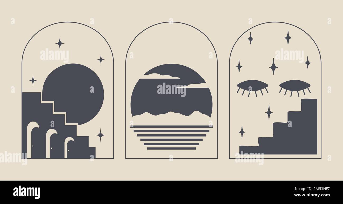 Set of minimal boho linear symbols. Celestial concept. Frame with arch ...