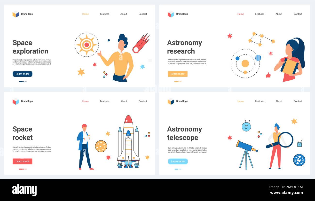 Space research, astronomy, exploration set vector illustration. Cartoon tiny people launch ...