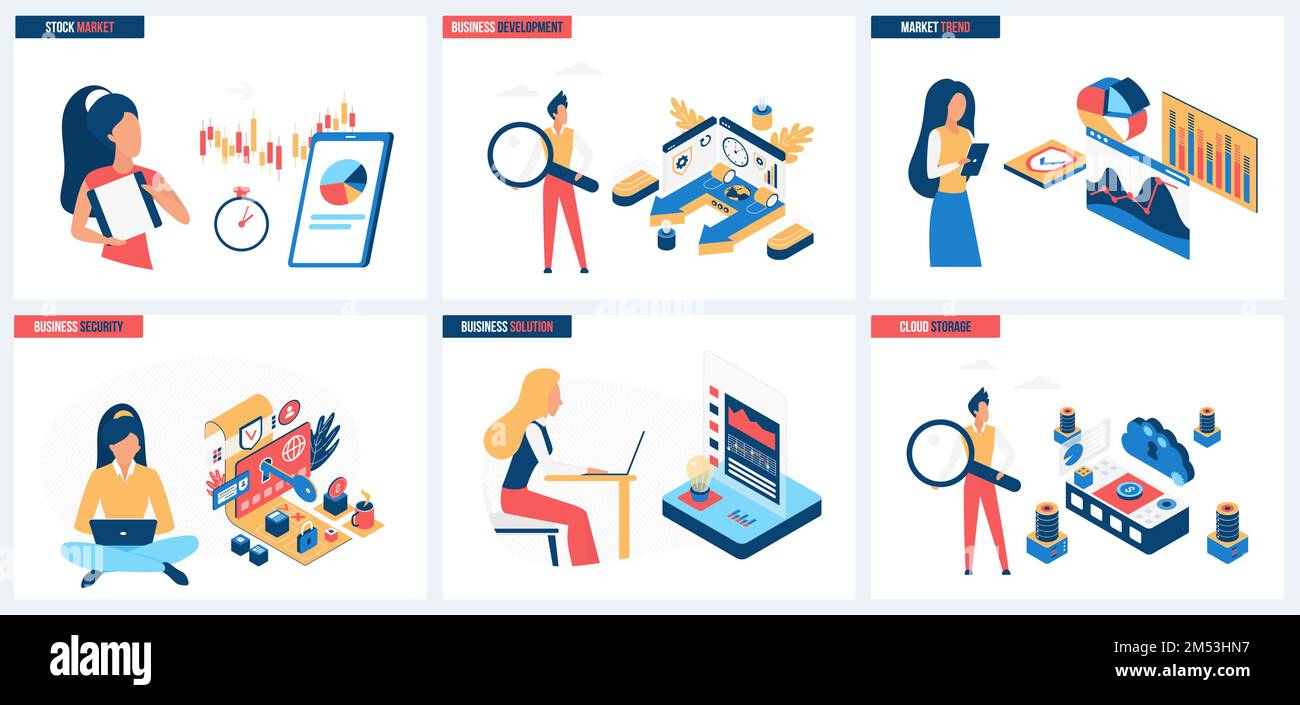 Business solutions for stock market, trend development, cloud storage security set vector ...