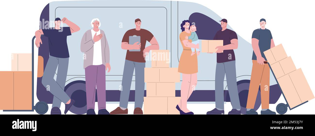 Delivery team and customers. Logistic service, man with parcels, old ...