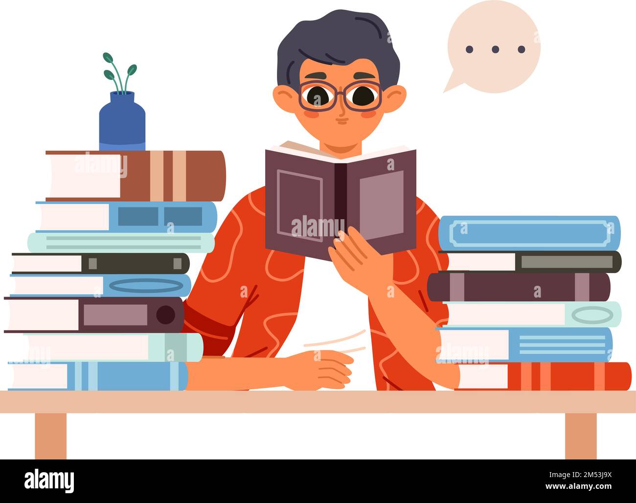 Young cartoon boy reading books. Student study, teens education concept ...