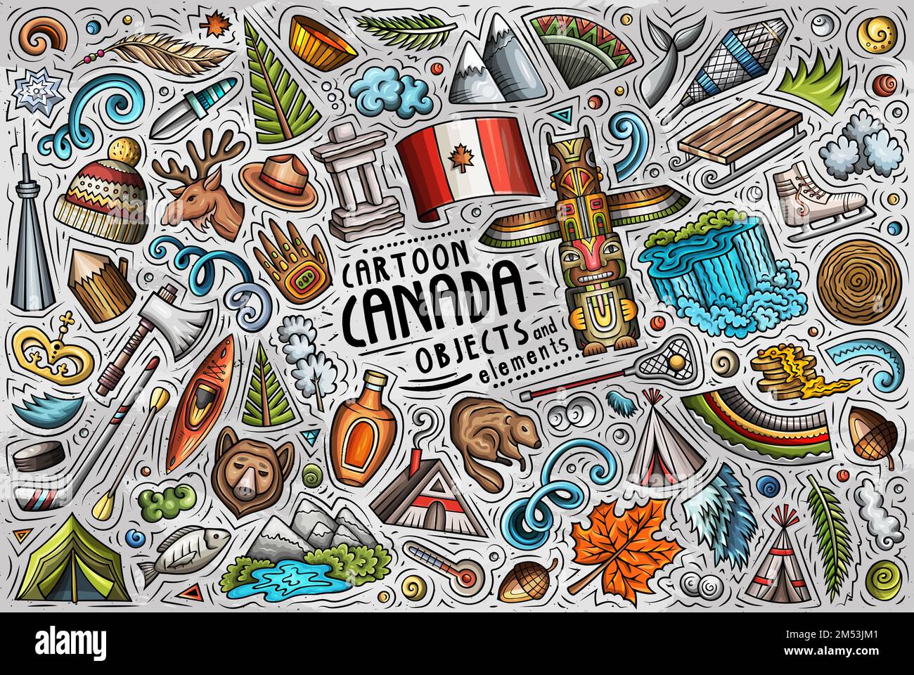Cartoon vector doodle set of Canadian traditional symbols, items and ...
