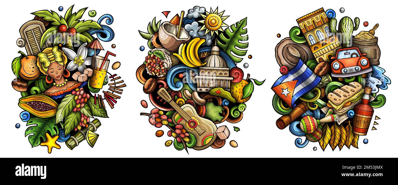 Cuba cartoon vector doodle designs set. Colorful detailed compositions ...