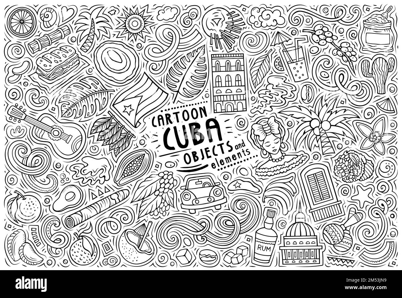 Cartoon vector doodle set of Cuban traditional symbols, items and ...