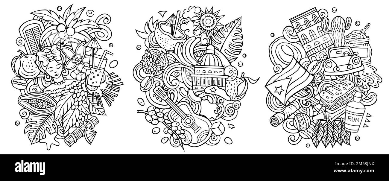 Cuba cartoon vector doodle designs set. Sketchy detailed compositions ...