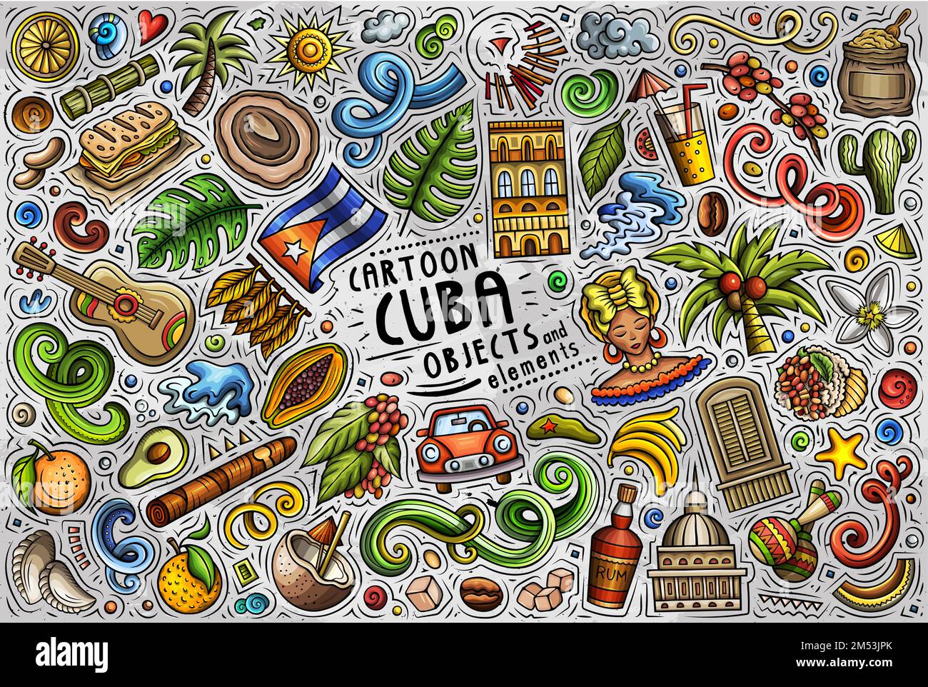 Cartoon vector doodle set of Cuban traditional symbols, items and ...